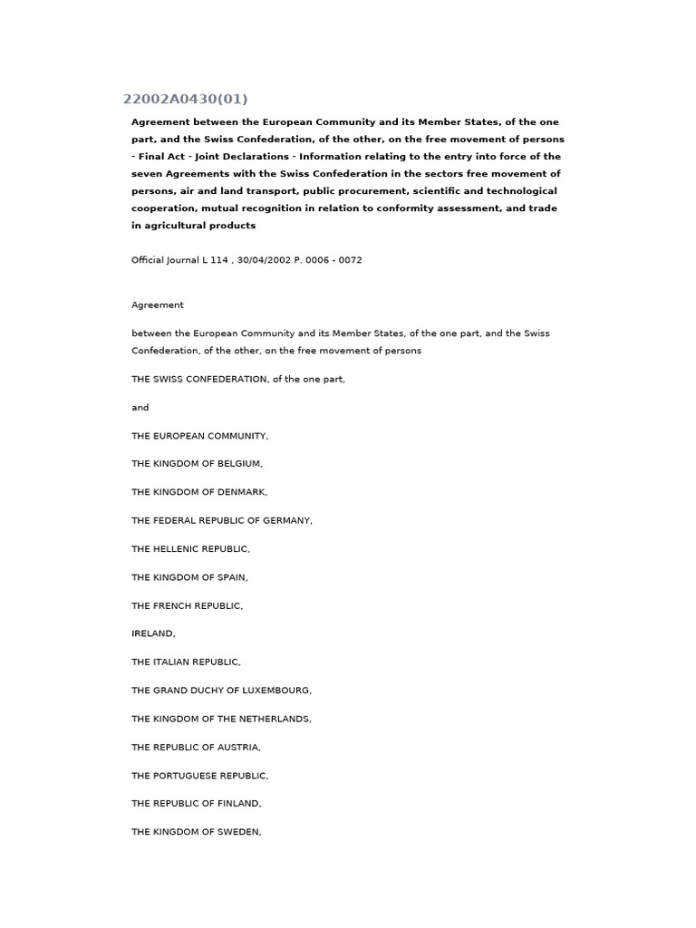 EU-Swiss Free Movement Agreement Overview | PDF | Double Taxation ...