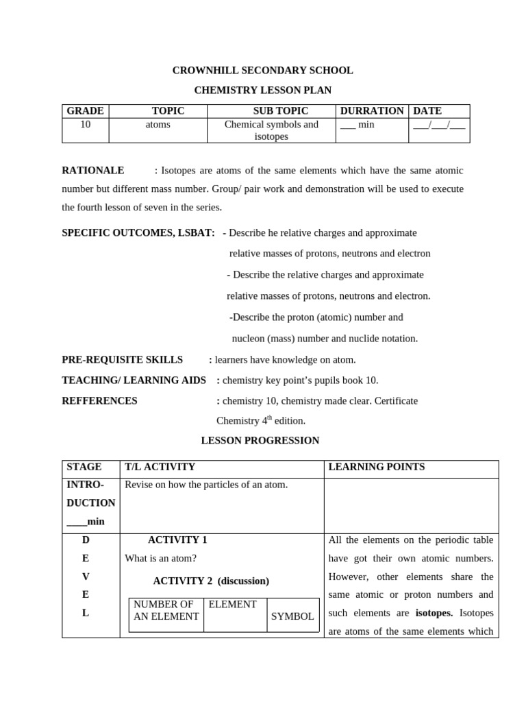 Chemistry Lesson Plan: Isotopes for Grade 10 | PDF | Isotope | Chemical ...