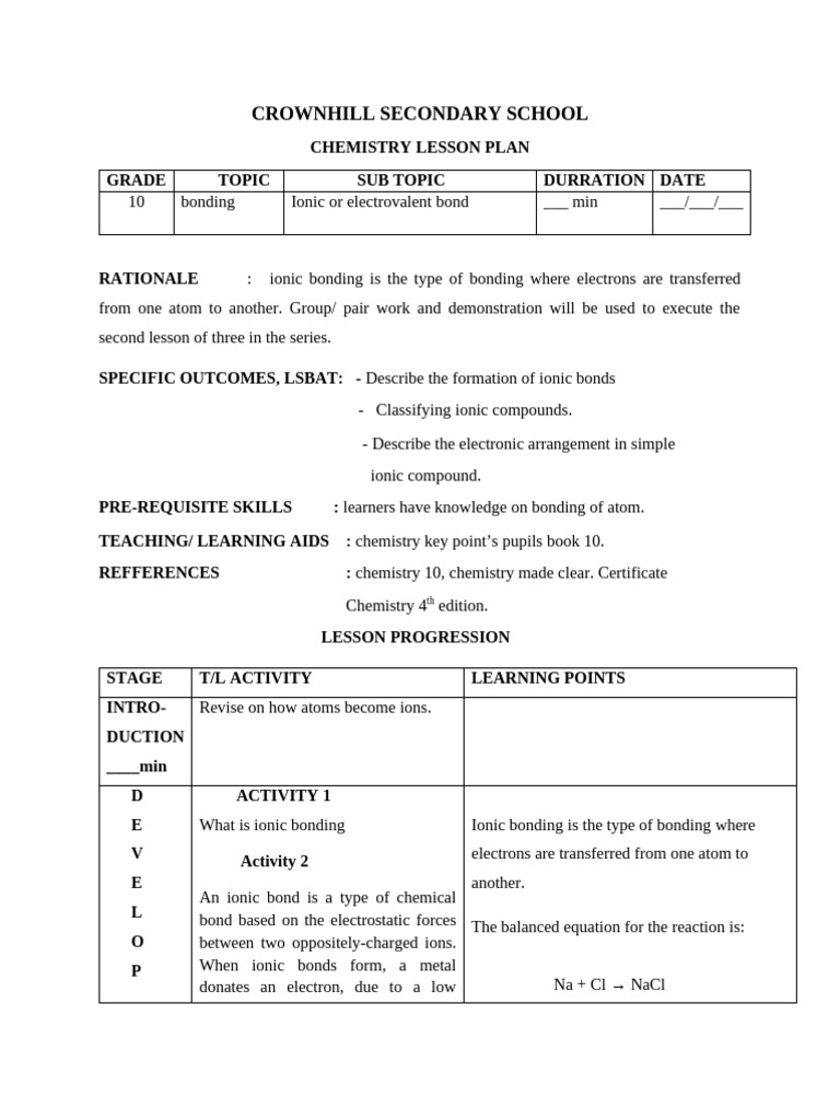 GRADE 10 CHEMISTRY Atoms - Bonding Editable Lesson Plan | PDF | Ionic ...