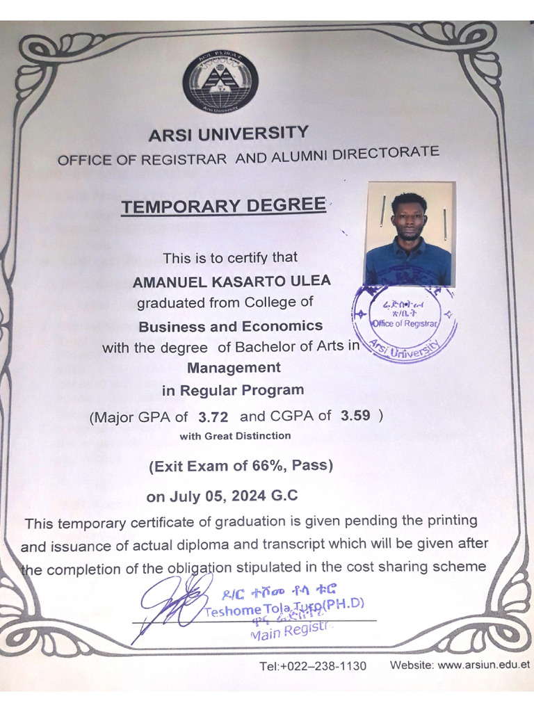 Amanuel Kasarto Temporary Degree Certificate | PDF