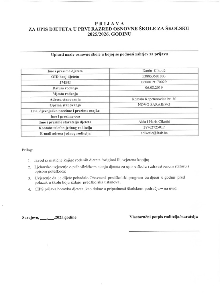 Prijava Za Upis Djeteta U Prvi Razred - Iz Vrtica | PDF