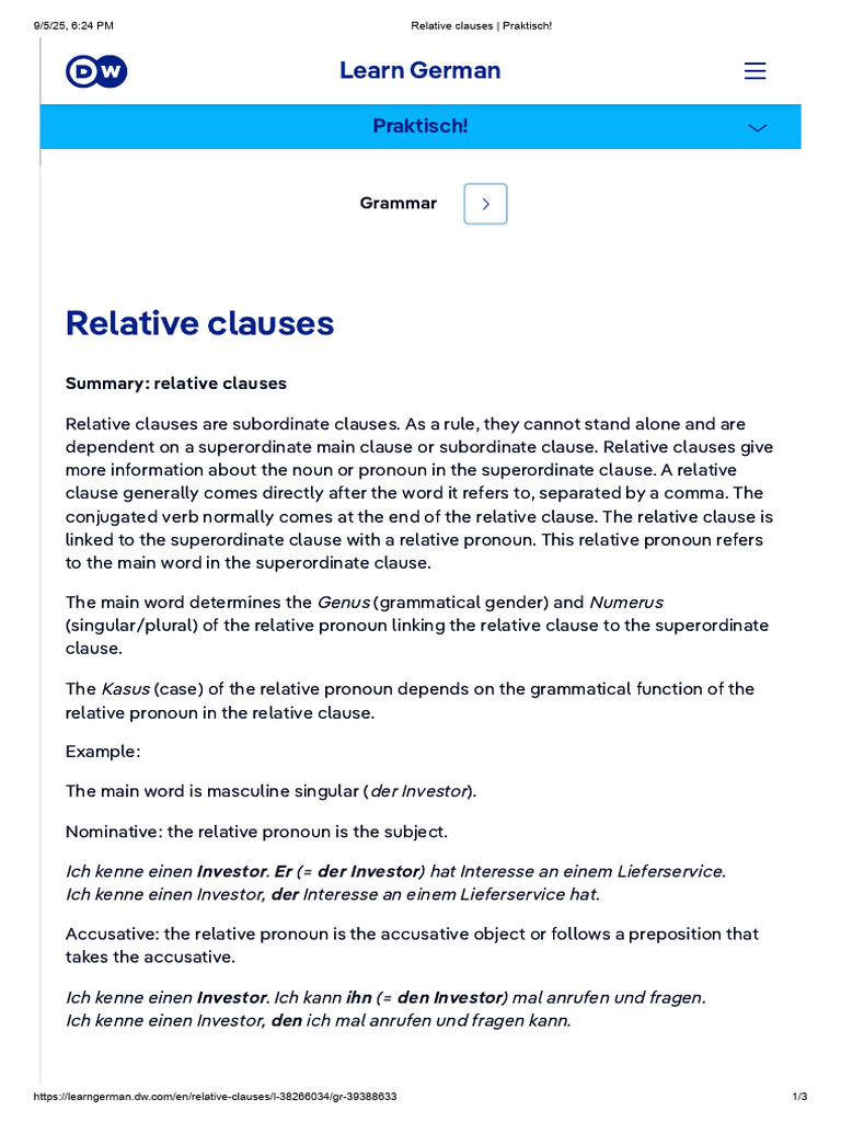 Understanding German Relative Clauses | PDF | Grammatical Number | Pronoun