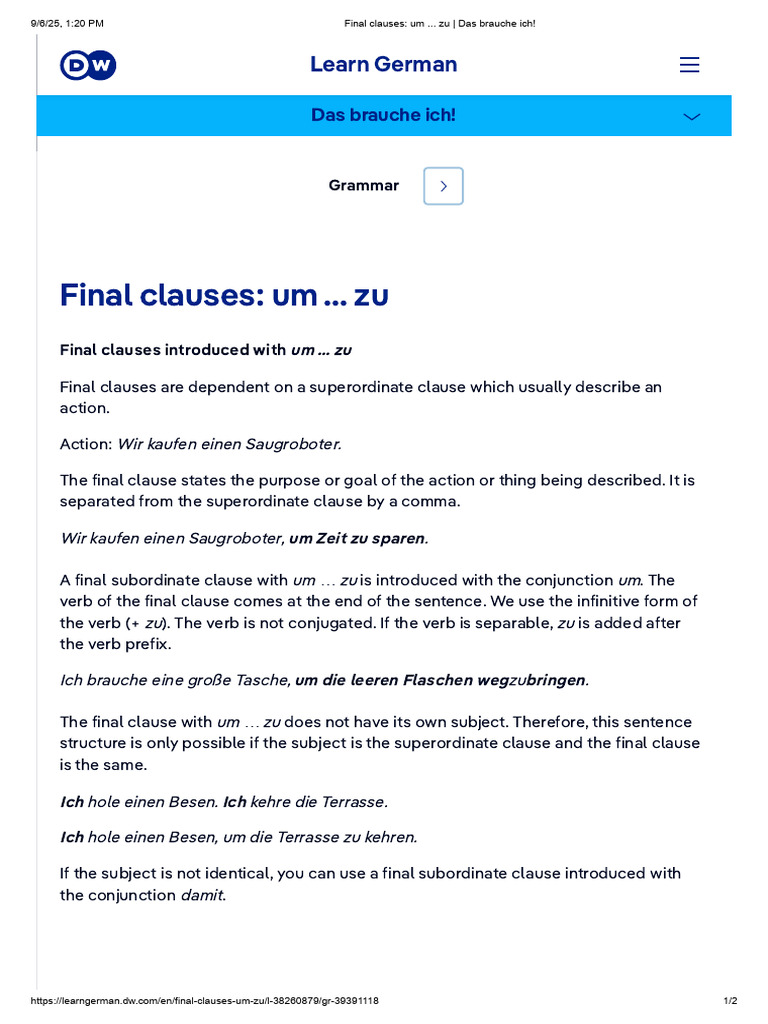 Final Clauses: "um ... zu" Explained | PDF | Clause | German Language