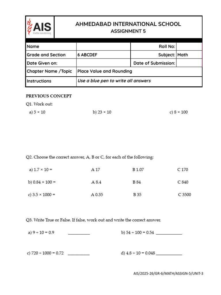 Toddle AIS - 2025 26 - GR 6 - MATH - ASSIGN 5 - UNIT 3 | PDF | Mathematics