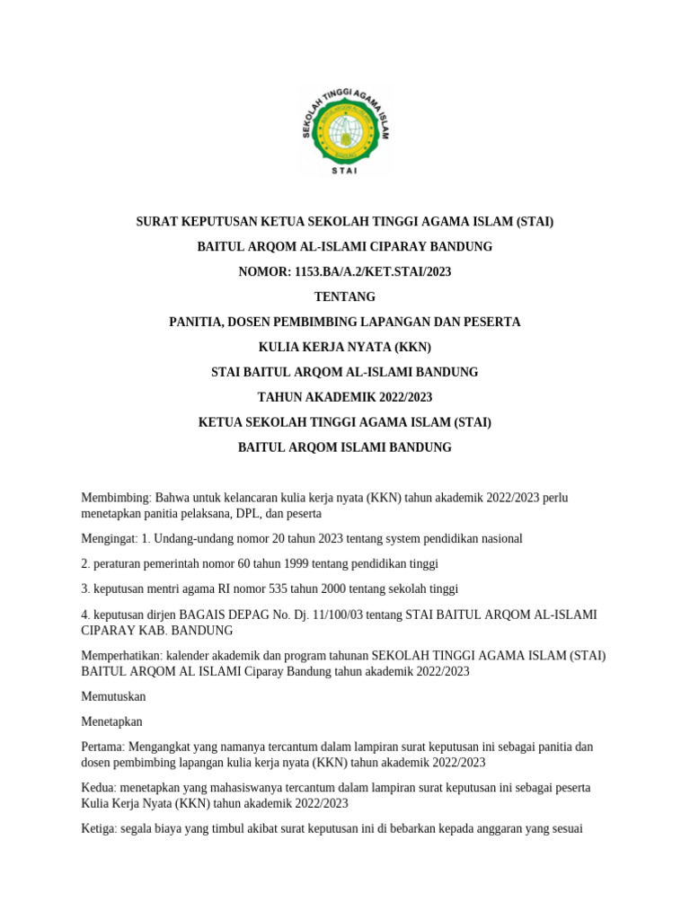SK KKN STAI Baitul Arqom 2023 | PDF