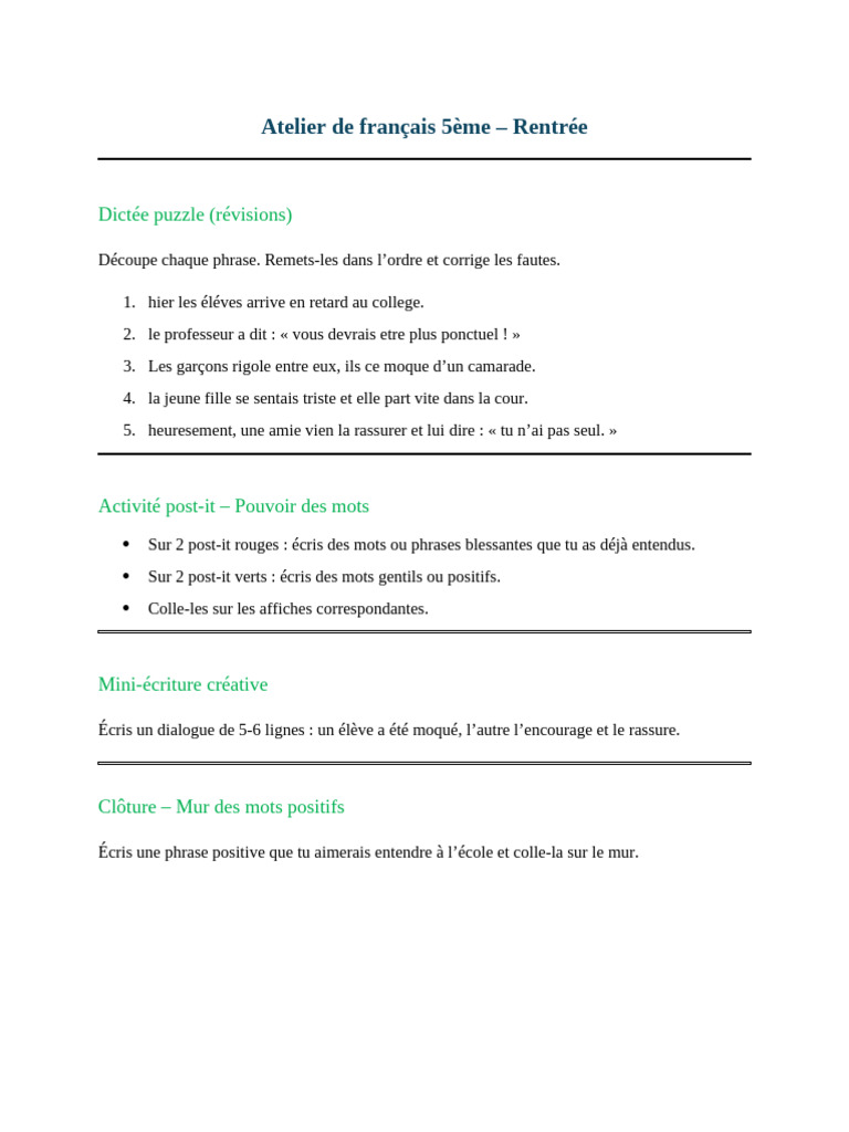 Atelier français 5ème : Rentrée et bienveillance | PDF