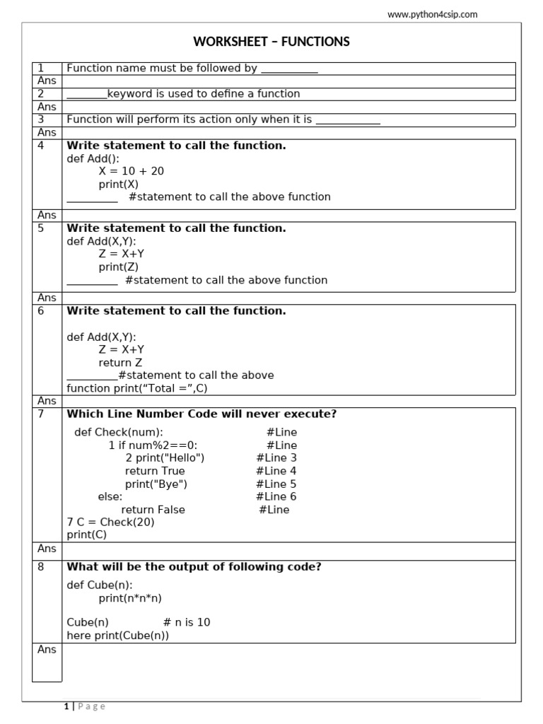 Function Worksheet Unsolved | PDF | Parameter (Computer Programming) | Function (Mathematics)