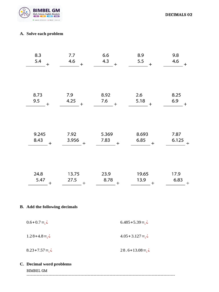 Decimals Addition | PDF