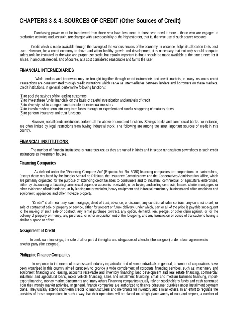 Credit and Coll Chapters 3 4 Sources of Credit Other Sources of Credit ...