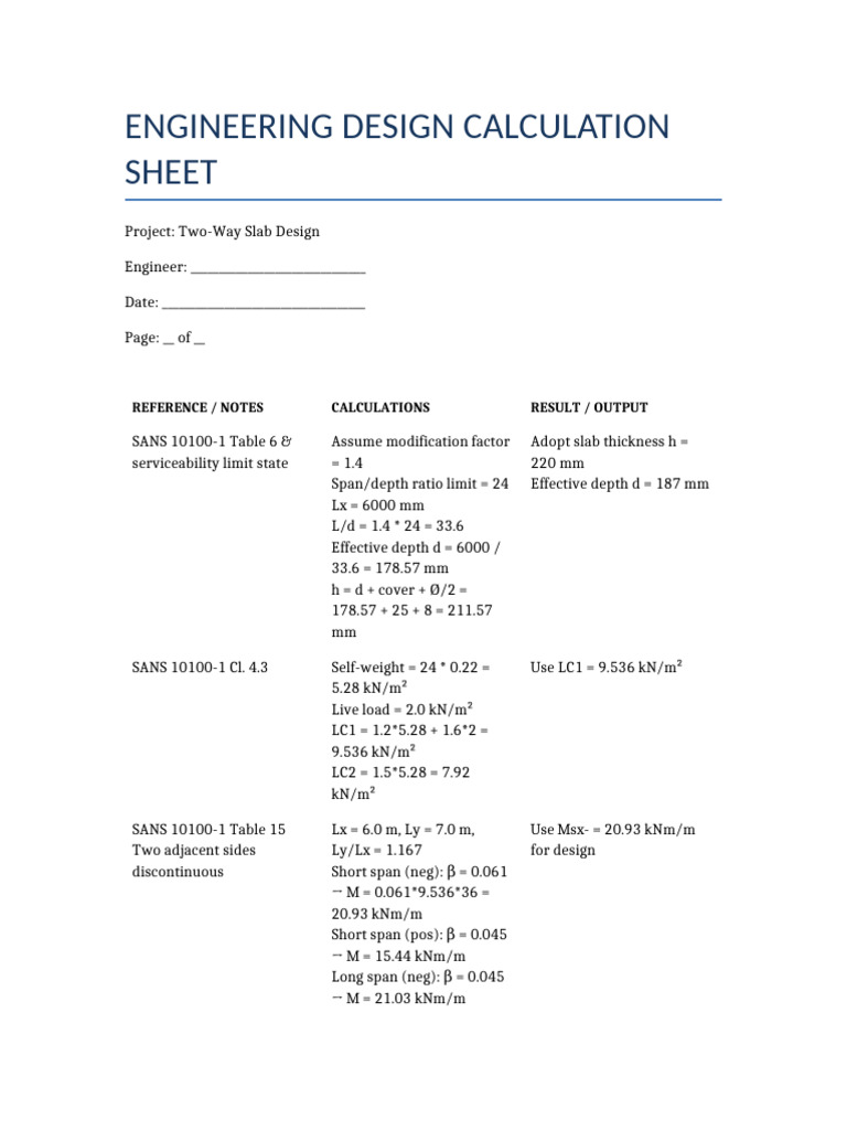 Two-Way Slab Design Calculation Sheet | PDF