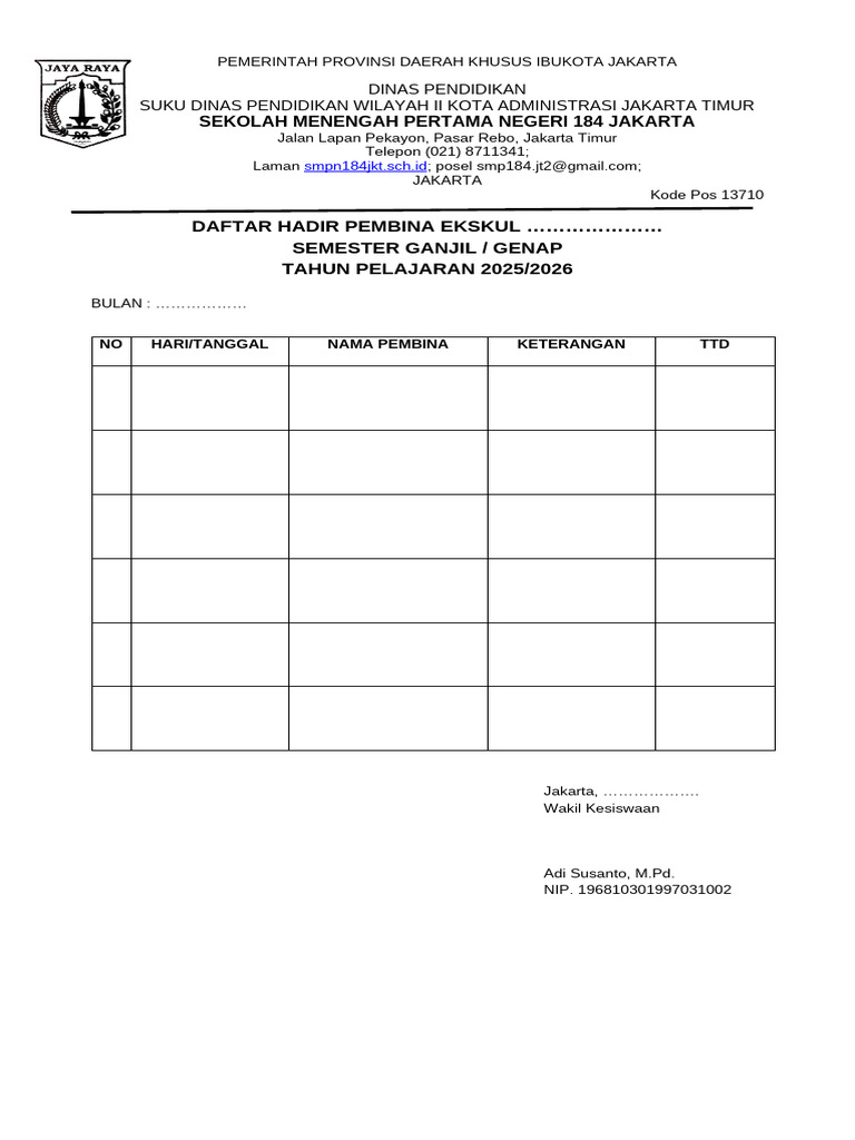Daftar Hadir Ekstrakurikuler SMPN 184 | PDF