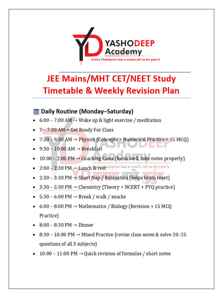 JEE Mains/NEET Study Timetable Guide | PDF | Mathematics | Physics