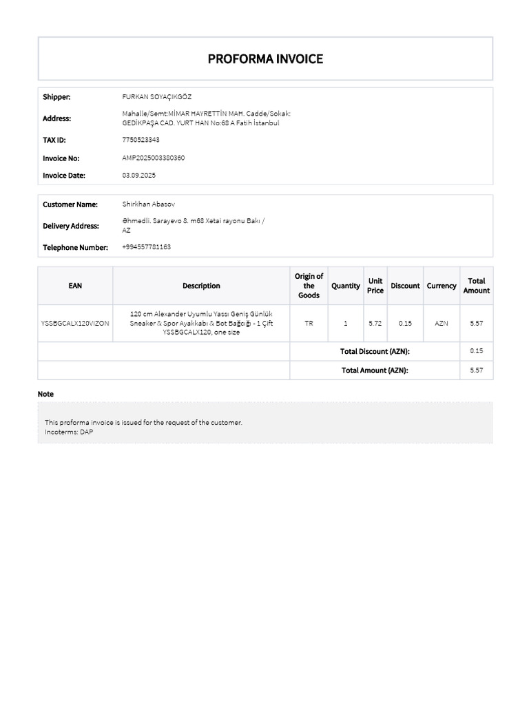 Proforma Invoice: Shipper: Address: Tax Id: Invoice No: Invoice Date | PDF