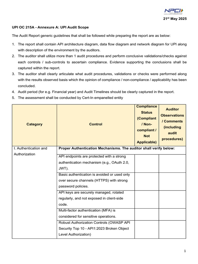 UPI Audit Scope and Compliance Guidelines | PDF | Audit | Access Control