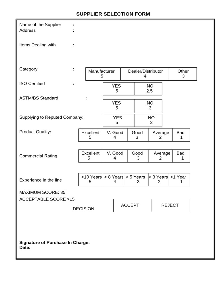 Supplier Selection Evaluation Form | PDF