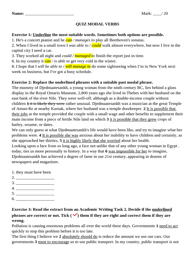 Quiz on Modal Verbs Usage | PDF