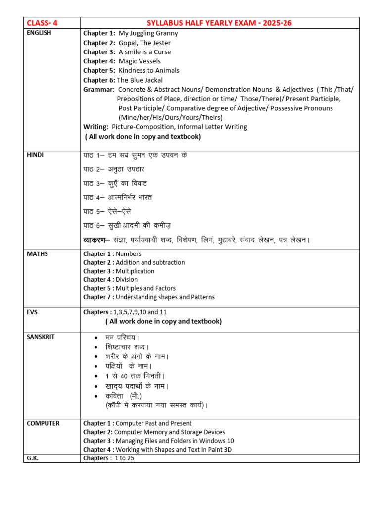 Class 4 Half Yearly Exam Syllabus 2025-26 | PDF