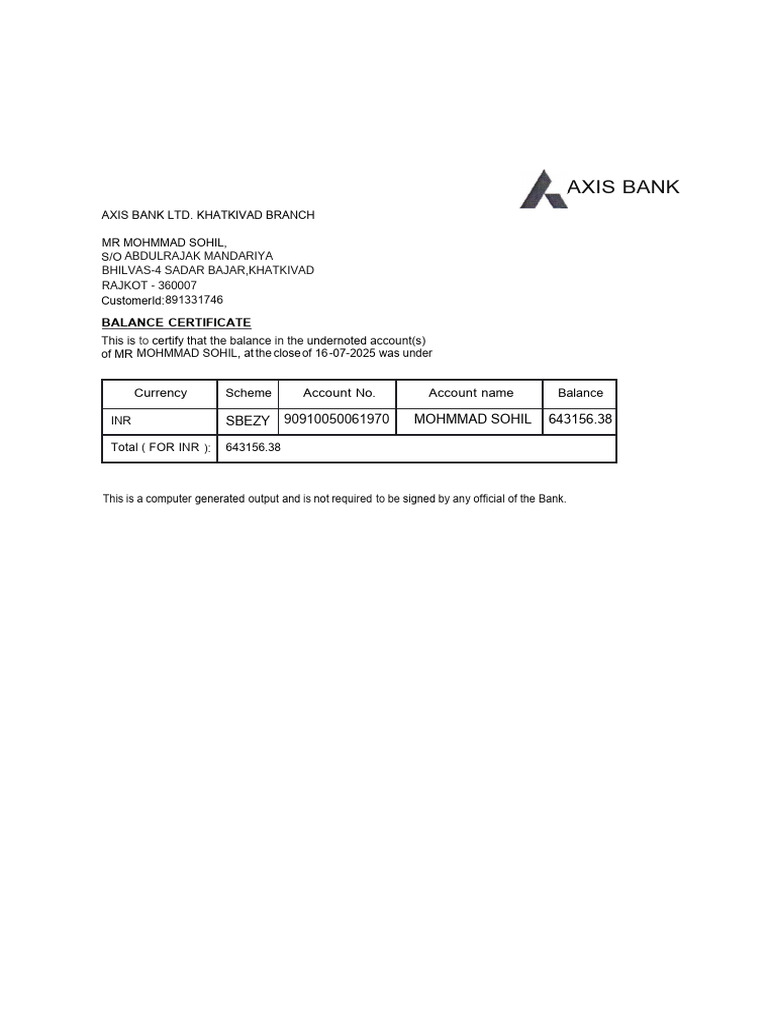Axis Balance Certificate | PDF