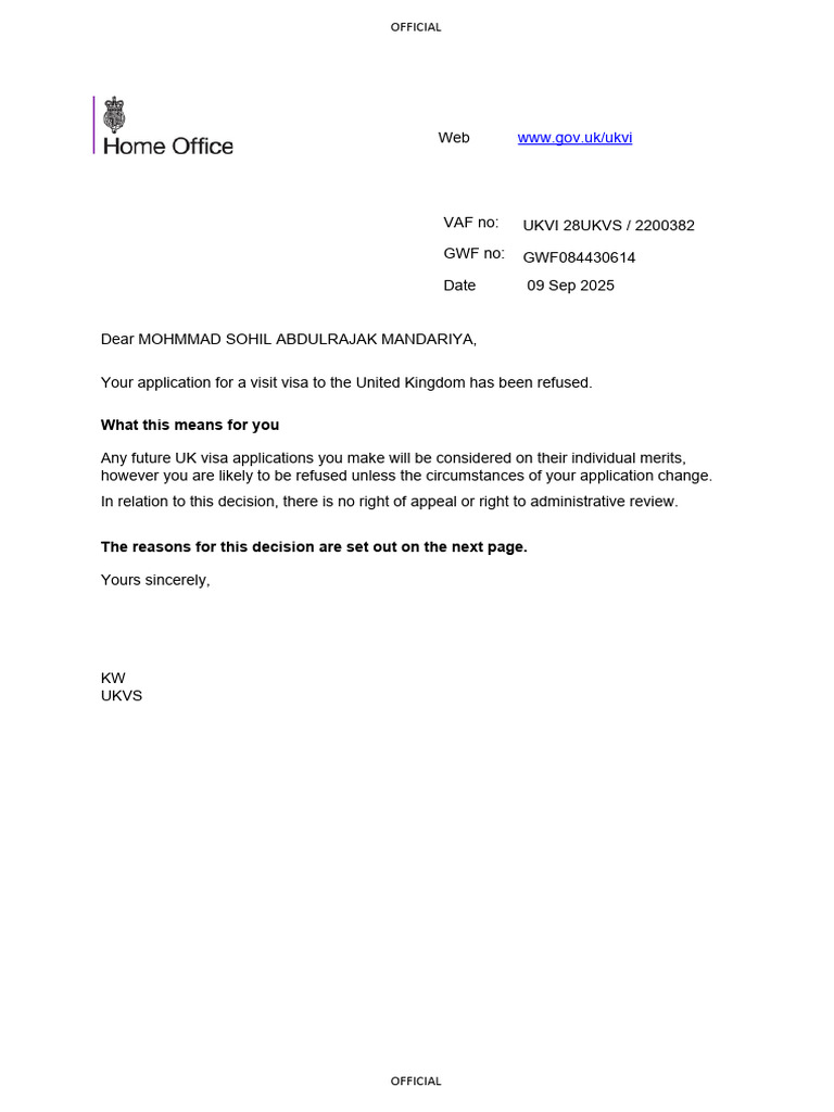 GWF084430614 Refusal Letter2025-08-29 | PDF | Travel Visa | Justice