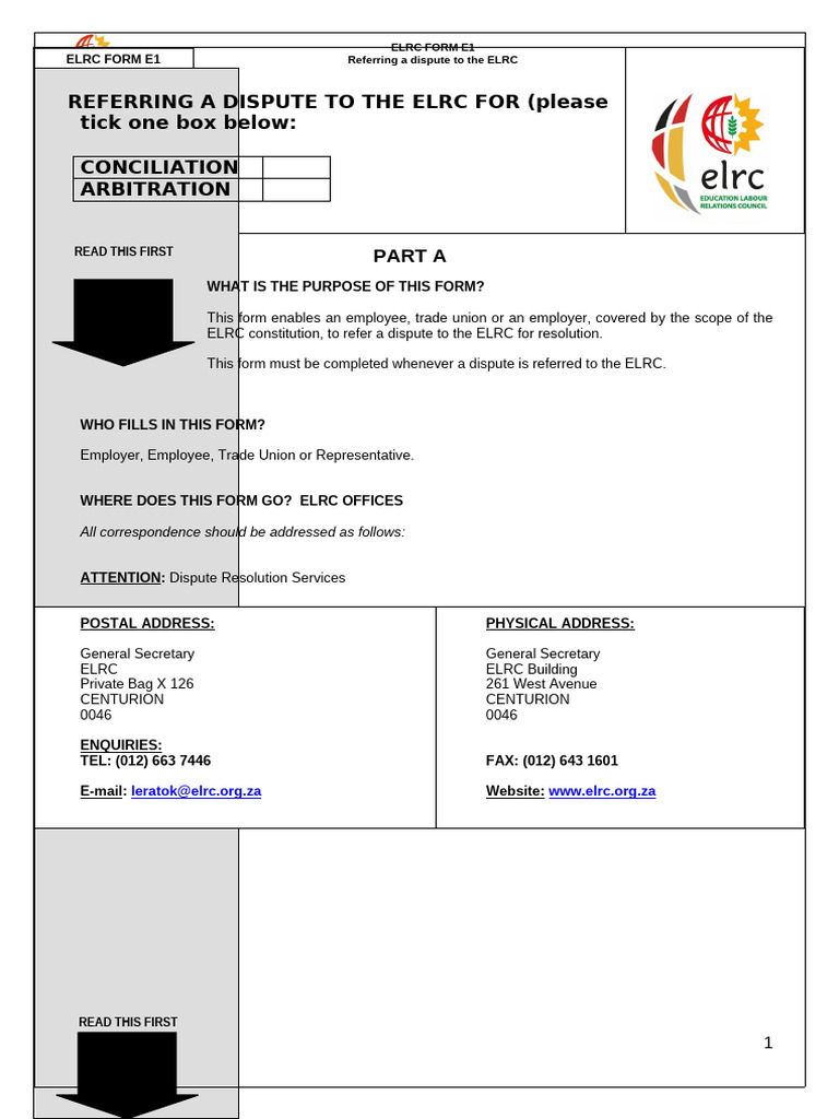 ELRC Form E1: Dispute Referral Guide | PDF | Justice | Crime & Violence