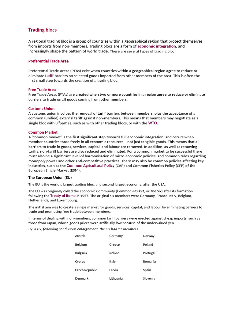Trading Blocs Different Types | PDF | European Union | Common Agricultural Policy