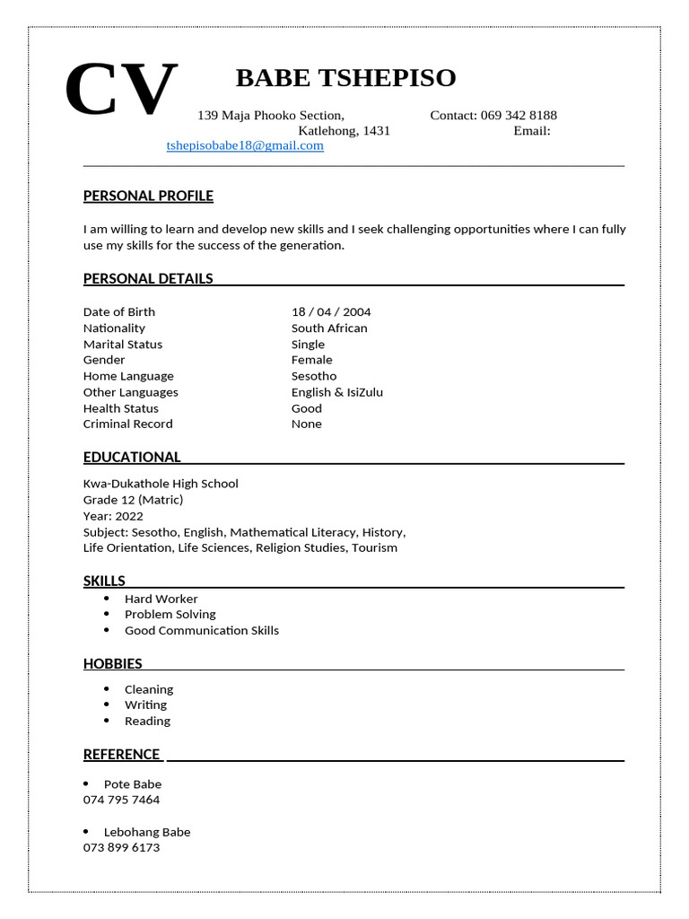 South African Female CV - Babe Tshepiso | PDF
