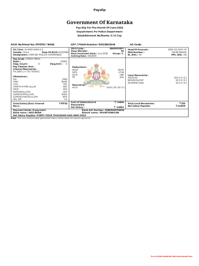 June 2025 Payslip for Armed Police | PDF | Expense | Employment ...