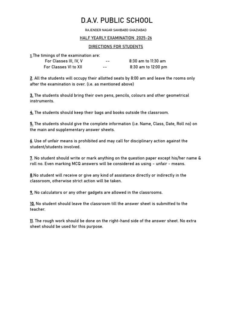 Half-Yearly Exam Guidelines 2025-26 | PDF