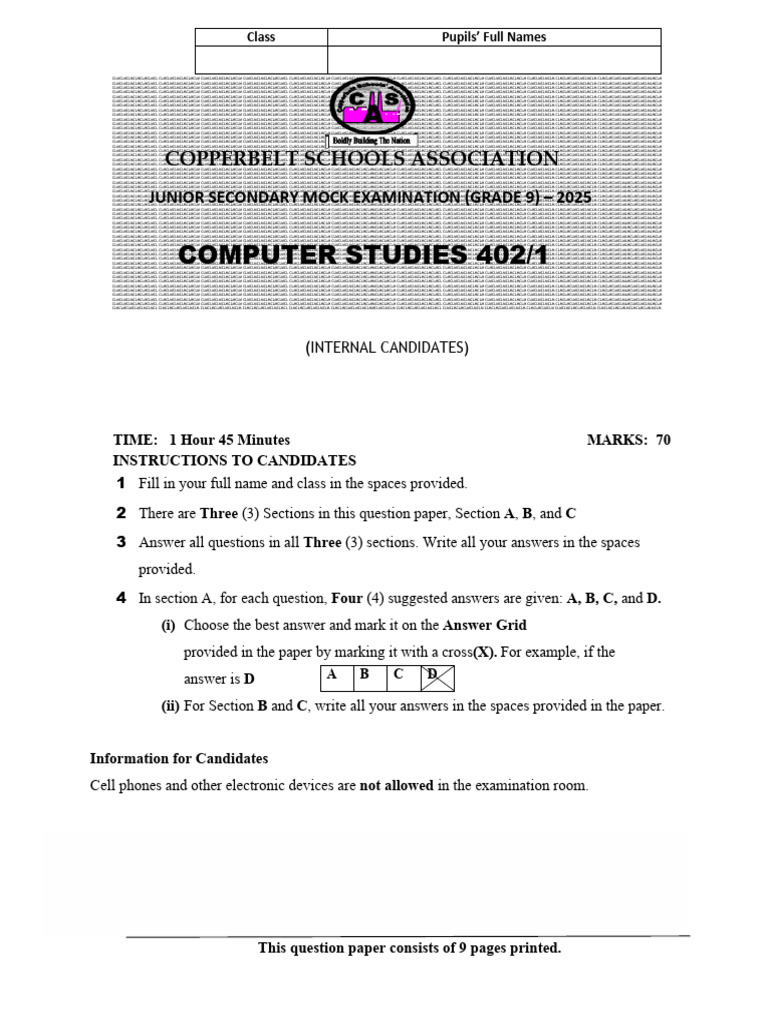 Csa g9 Computer Studies Paper 1 Mock Exam Paper and Answer Grid 2025 | PDF | Microsoft Word ...