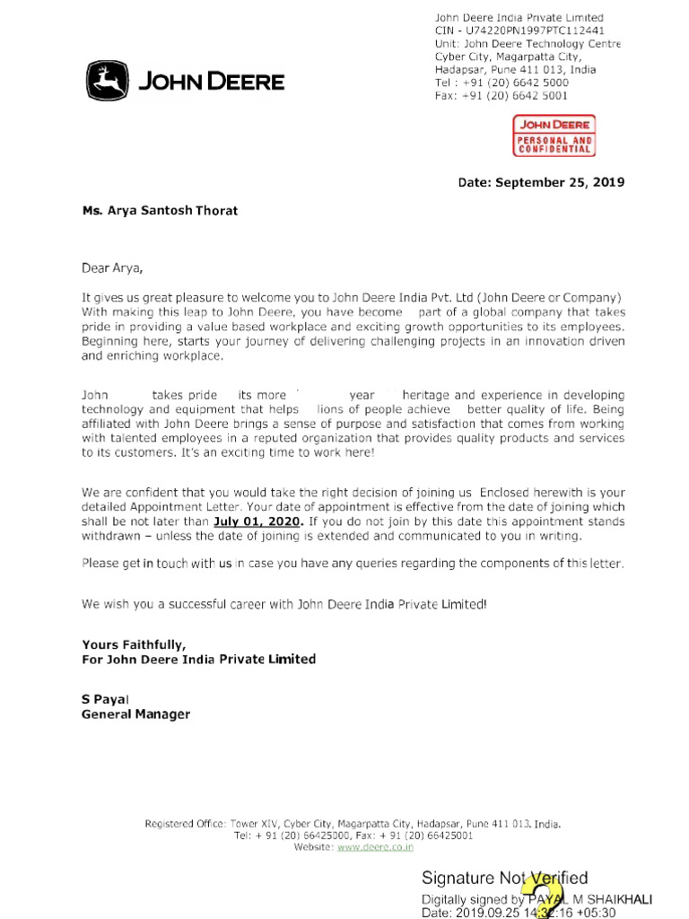 JD Sample Offer Latter | PDF