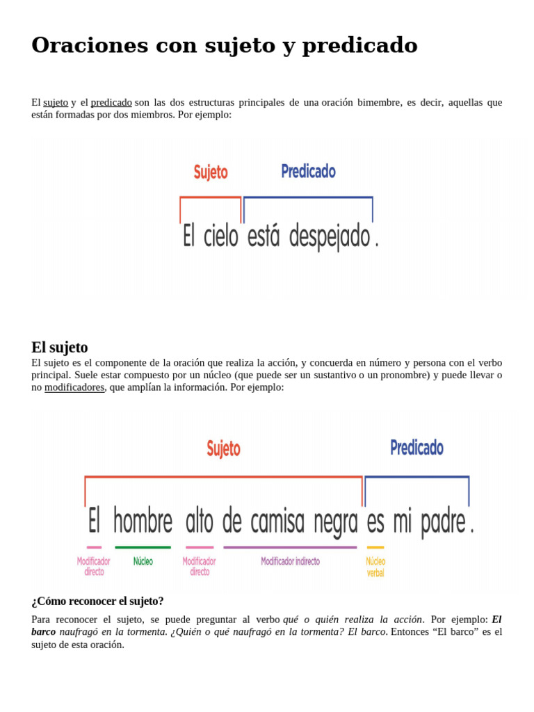 Ejemplos de Oraciones con Sujeto y Predicado | PDF | Verbo | Predicado ...