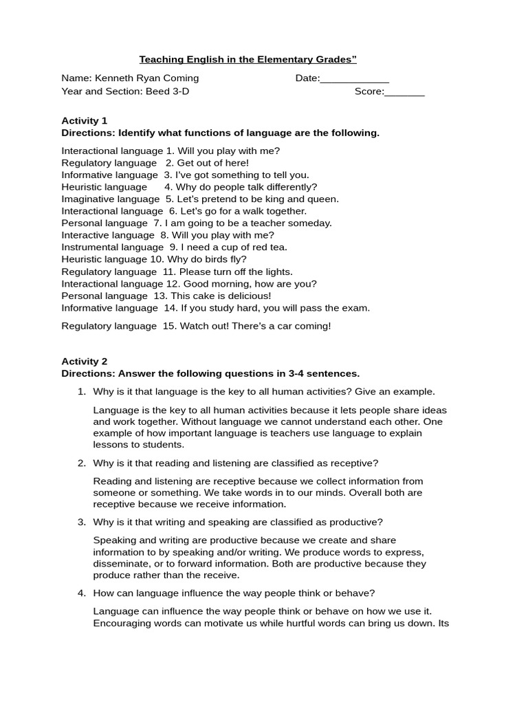 Teaching English in The Elementary Grades - Worksheet 1 | PDF ...