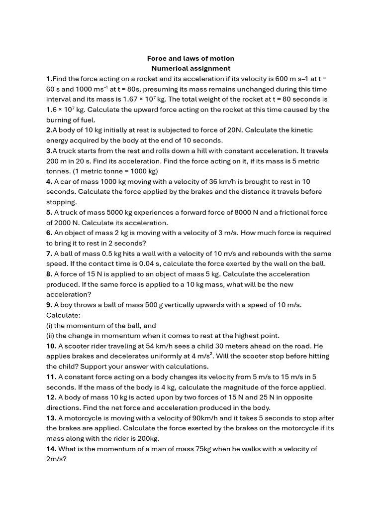 Force and Laws of Motion Assignment | PDF | Force | Acceleration