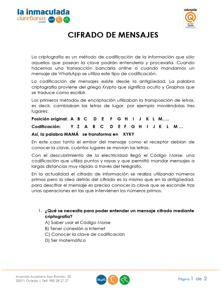 Texto Codificacion de Mensajes | PDF | Cifrado | Clave (criptografía)