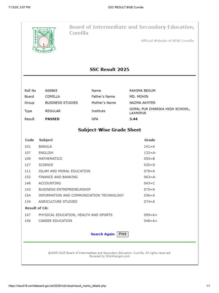 SSC Result 2025: BISE Cumilla | PDF | Educational Stages | Secondary ...