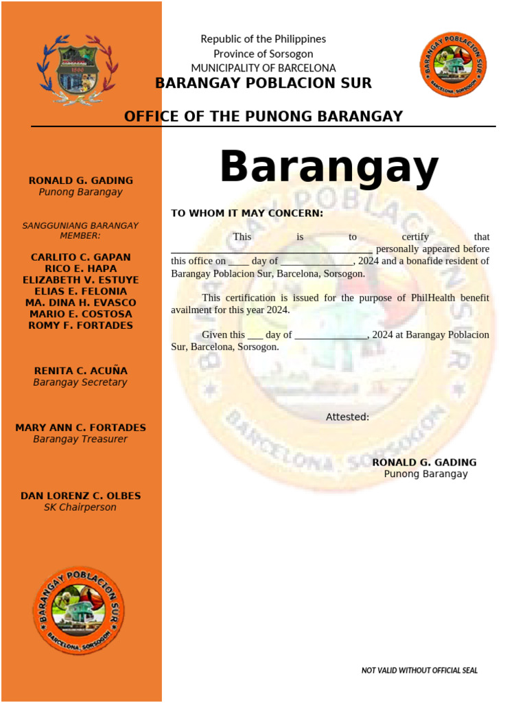 Barangay Certification for PhilHealth 2024 | PDF