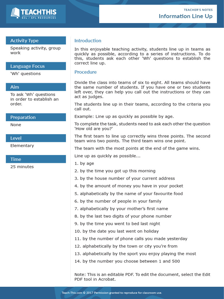 Wh-Questions Team Line-Up Activity | PDF | Chess Openings | Chess