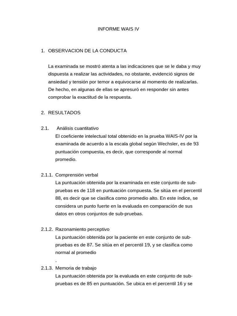 Informe WAIS IV: Resultados y Recomendaciones | PDF | Escala de ...
