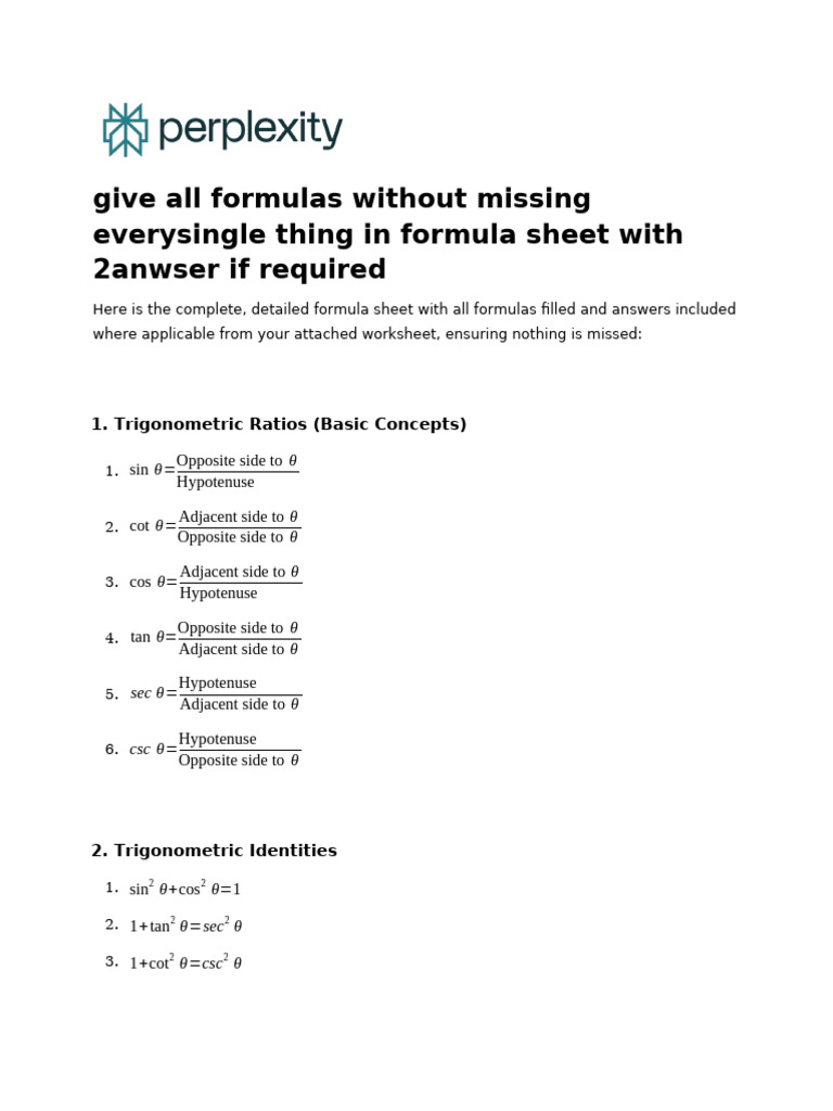 Comprehensive Trigonometry Formula Sheet | PDF | Trigonometry ...