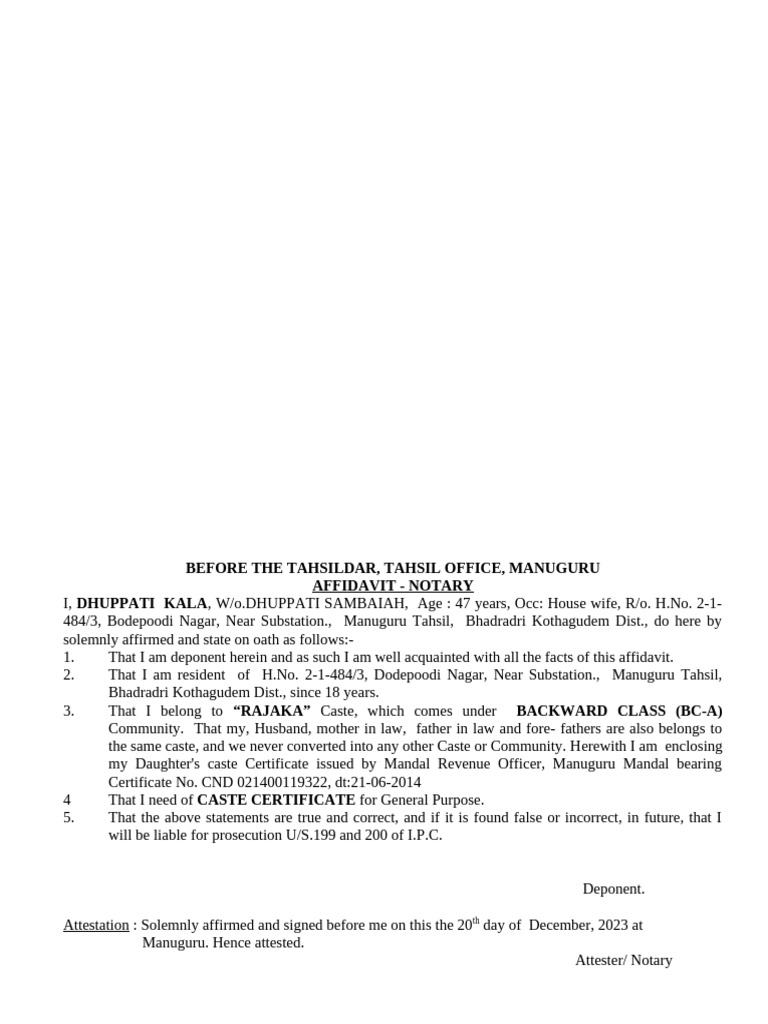 Rajaka Caste Affidavit for Certificate | PDF | Affidavit | Legal Procedure