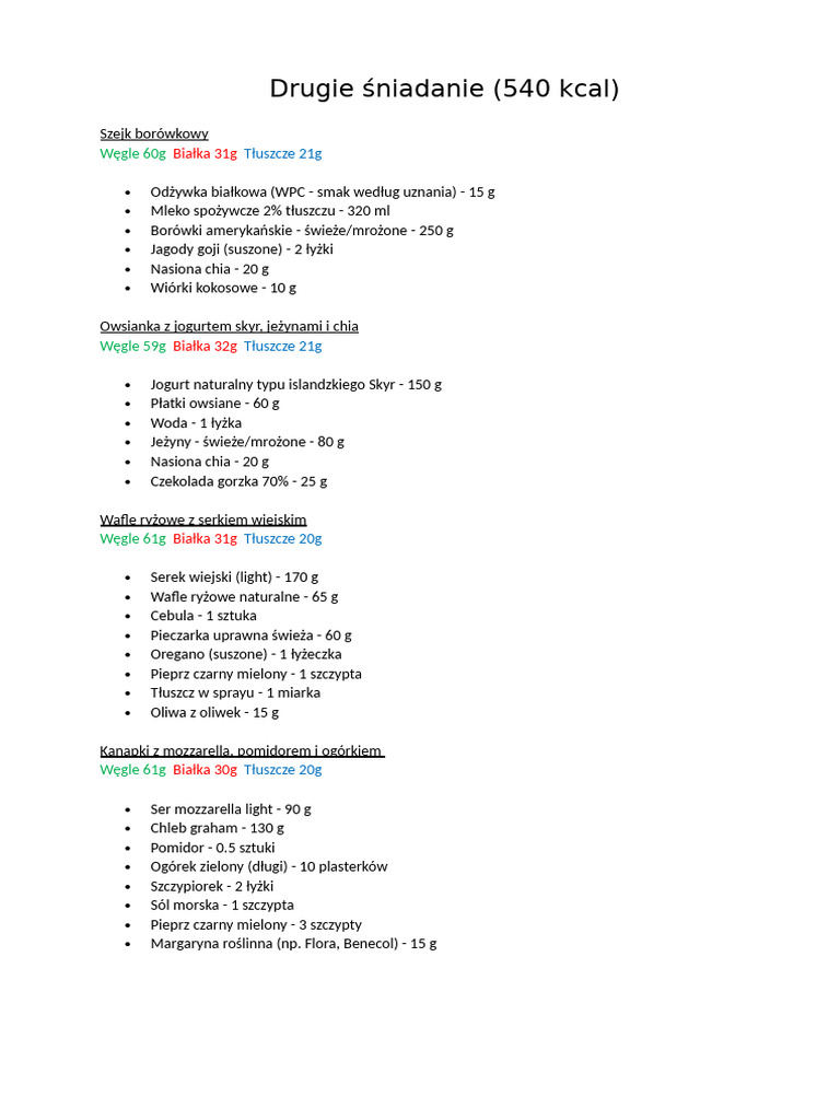 Dieta - Drugie Śniadanie (540 Kcal) | PDF