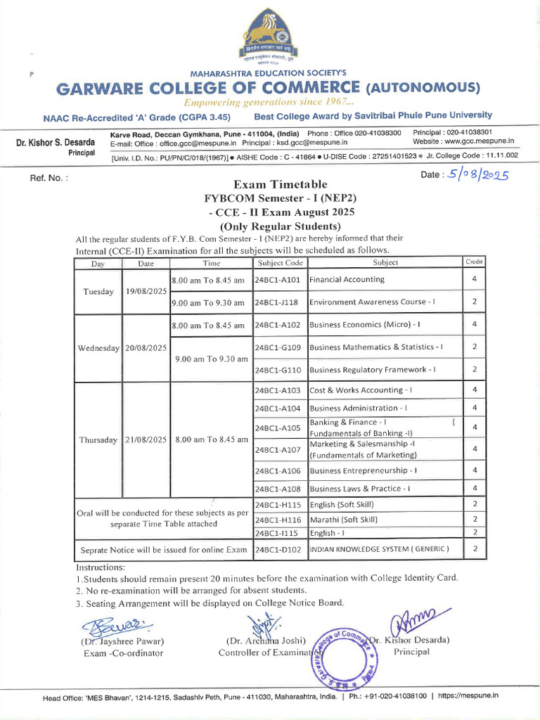 Fybcom Nep Sem I Cce II Exam Time Table Aug 2025 | PDF