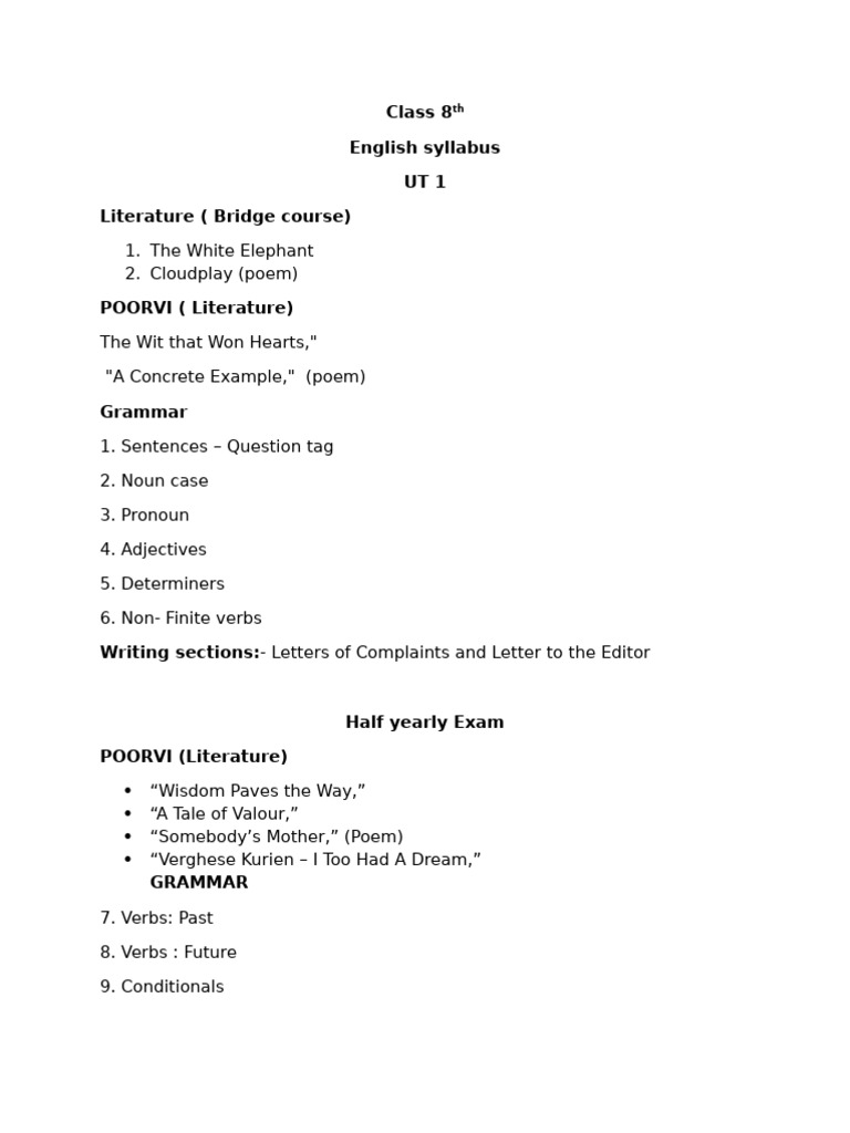 Class 8 English Syllabus UT1 Literature (Bridge Course) | PDF