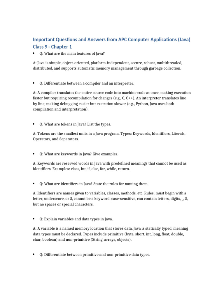 APC Class9 Java Ch1 QA | PDF | Data Type | Reserved Word