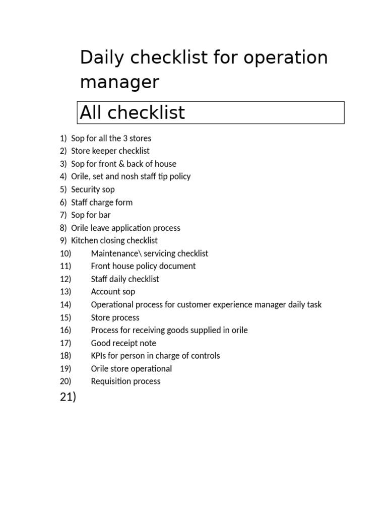 Checklist For Operation Manager | PDF