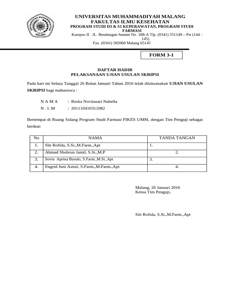 Form 3.1 - Daftar Hadir Pelaksanaan Ujian Usulan Skripsi | PDF