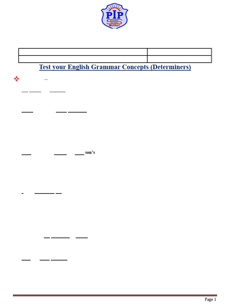 Class 8th - IRA - Test Your Grammar Concepts of Determiners. | PDF