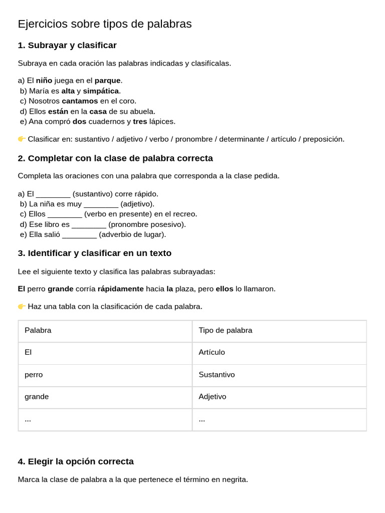 Ejercicios de clasificación de palabras | PDF | Adjetivo | Palabra