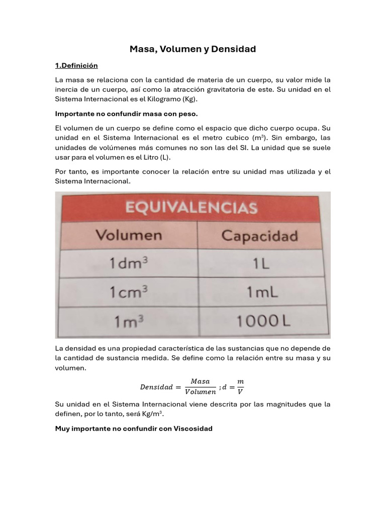 Masa, Volumen y Densidad: Definiciones y Relaciones | PDF