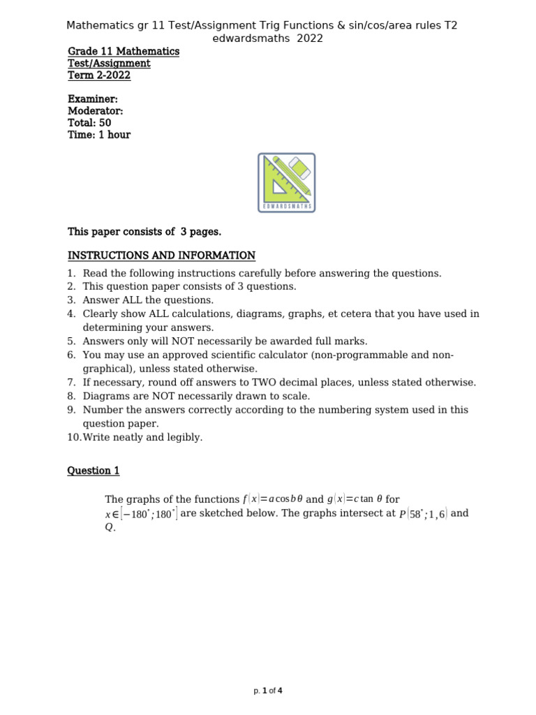 Grade 11 Trigonometry Test T2 | PDF | Mathematics